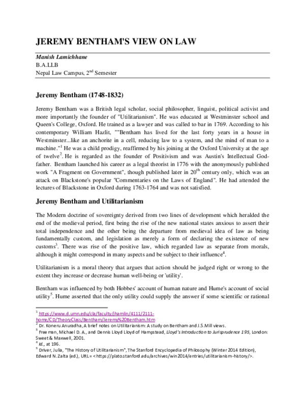(PDF) JEREMY BENTHAM'S VIEW ON LAW