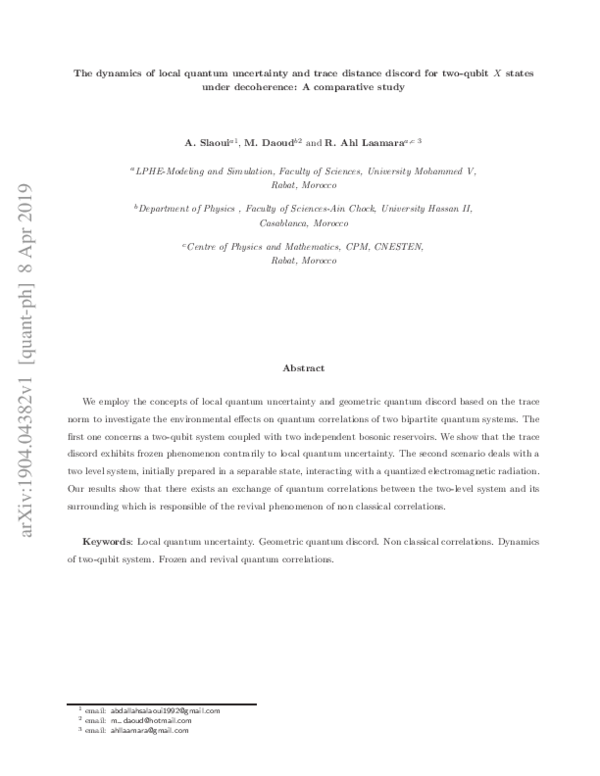 (PDF) The dynamics of local quantum uncertainty and trace distance discord for two-qubit X ...