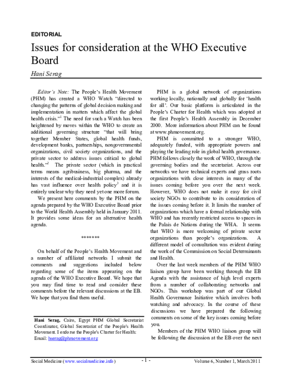 (PDF) Issues for consideration at the WHO Executive Board