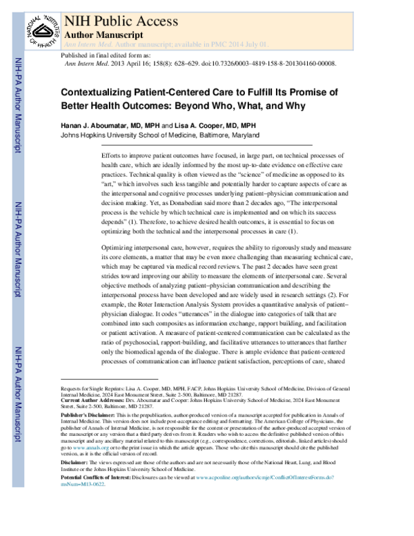 (PDF) Contextualizing Patient-Centered Care to Fulfill Its Promise of ...
