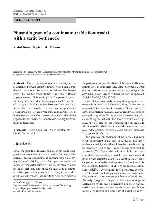 (PDF) Phase diagram of a continuum traffic flow model with a static ...