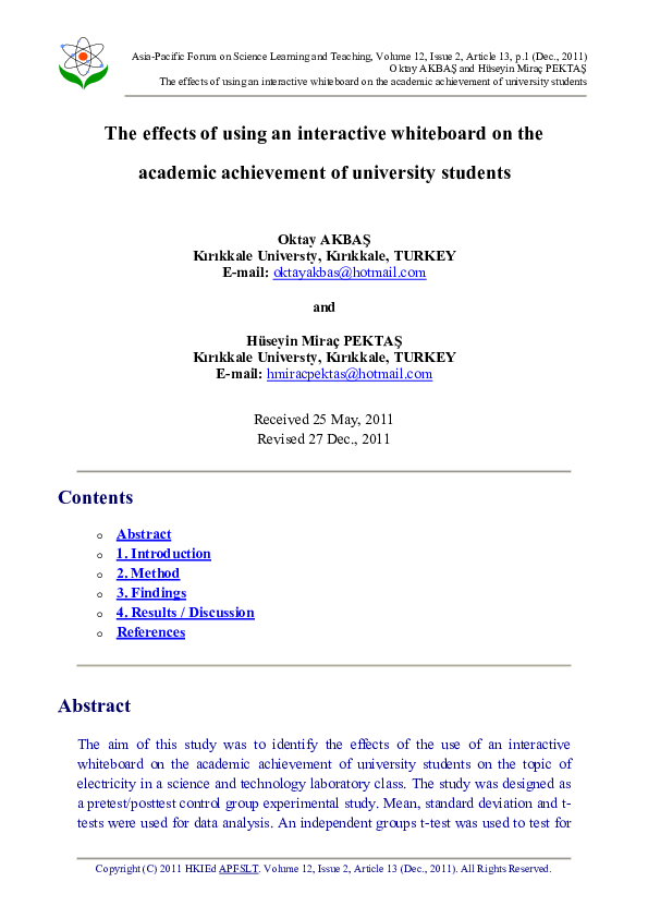 (PDF) The effects of using an interactive whiteboard on the academic ...