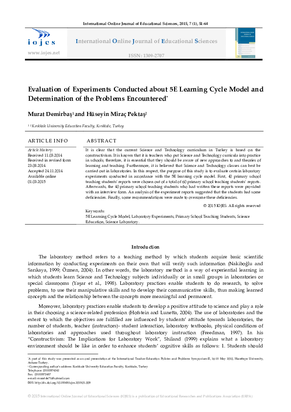 Pdf Evaluation Of Experiments Conducted About 5e Learning Cycle Model And Determination Of The