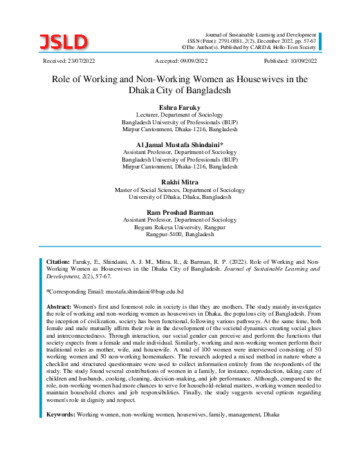 (PDF) Role of Working and Non-Working Women as Housewives in the Dhaka ...