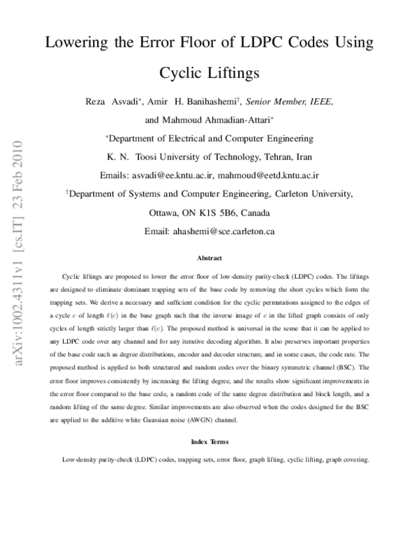 (PDF) Lowering the Error Floor of LDPC Codes Using Cyclic Liftings