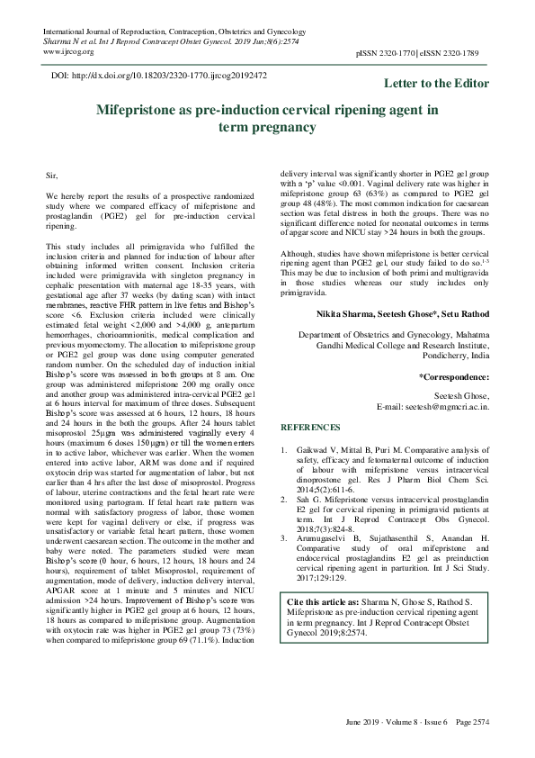 (PDF) Mifepristone as pre-induction cervical ripening agent in term ...