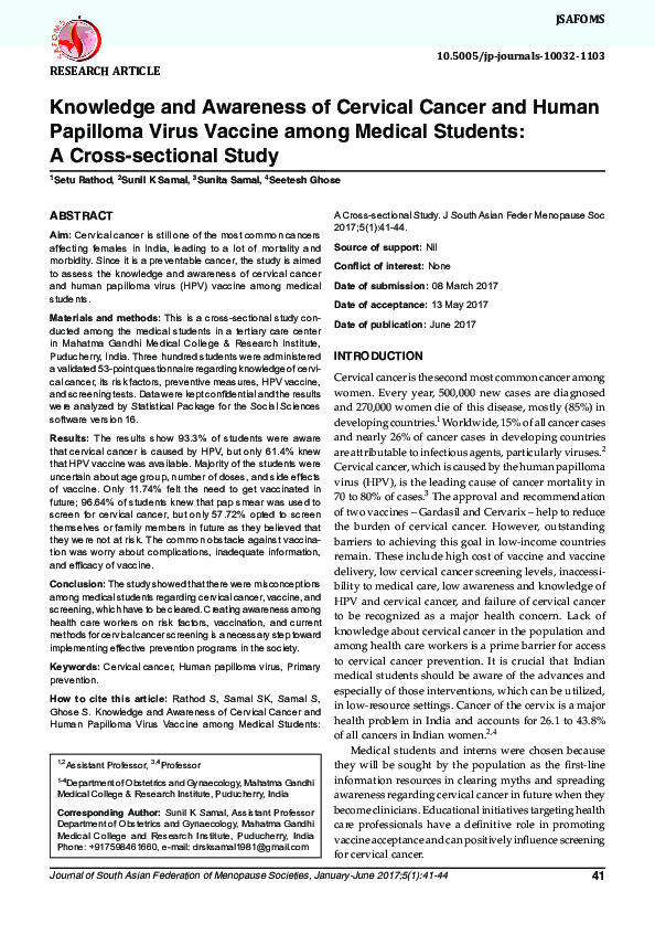 Pdf Knowledge And Awareness Of Cervical Cancer And Human Papilloma 2765