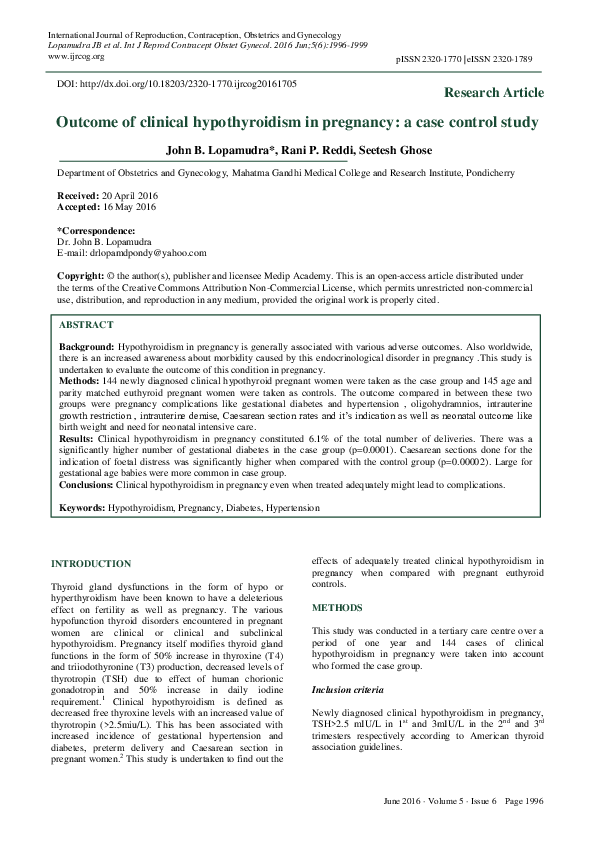 (PDF) Outcome of clinical hypothyroidism in pregnancy: a case control study