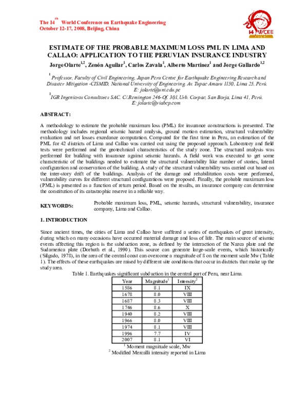 (PDF) Estimate of the Probable Maximum Loss PML in Lima and Callao ...