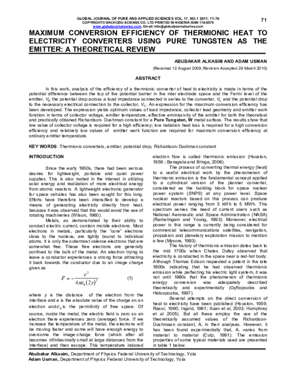 (PDF) Maximum conversion efficiency of thermionic heat to electricity ...