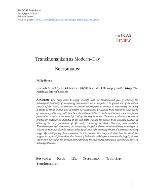 (PDF) Transhumanism as Modern-Day Necromancy