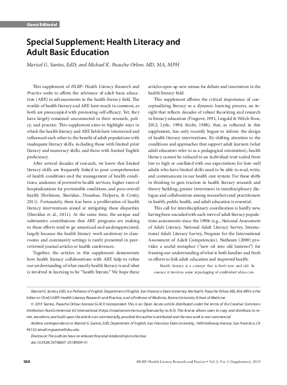 (PDF) Special Supplement: Health Literacy and Adult Basic Education