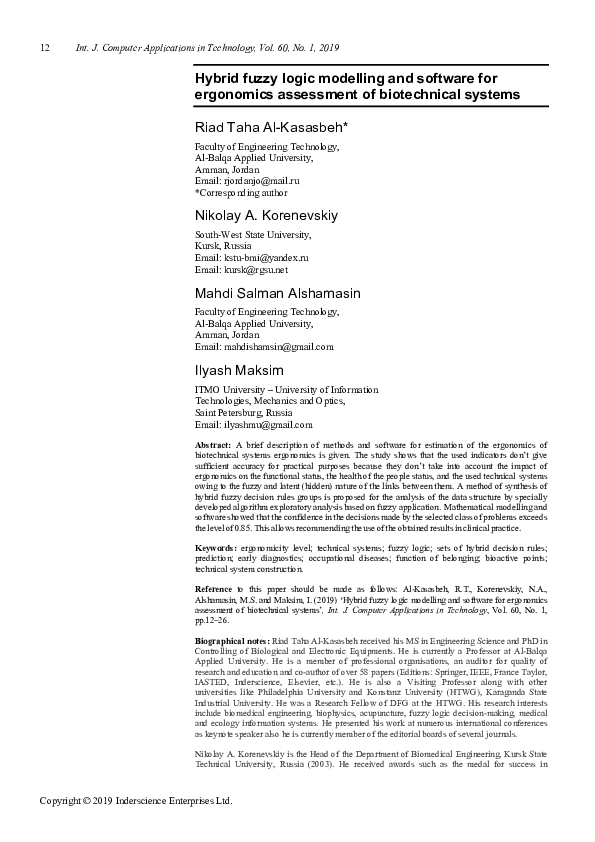 Pdf Hybrid Fuzzy Logic Modelling And Software For Ergonomics Assessment Of Biotechnical Systems