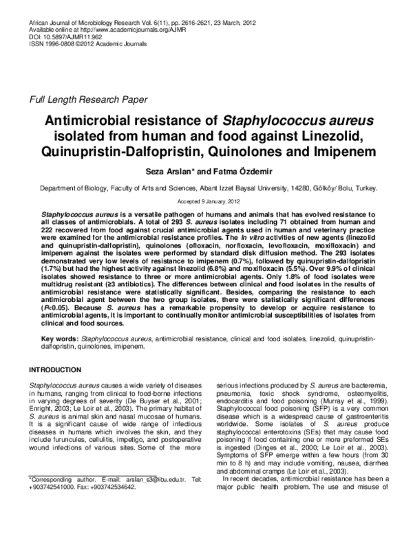 (PDF) Antimicrobial resistance of Staphylococcus aureus isolated from human and food against ...