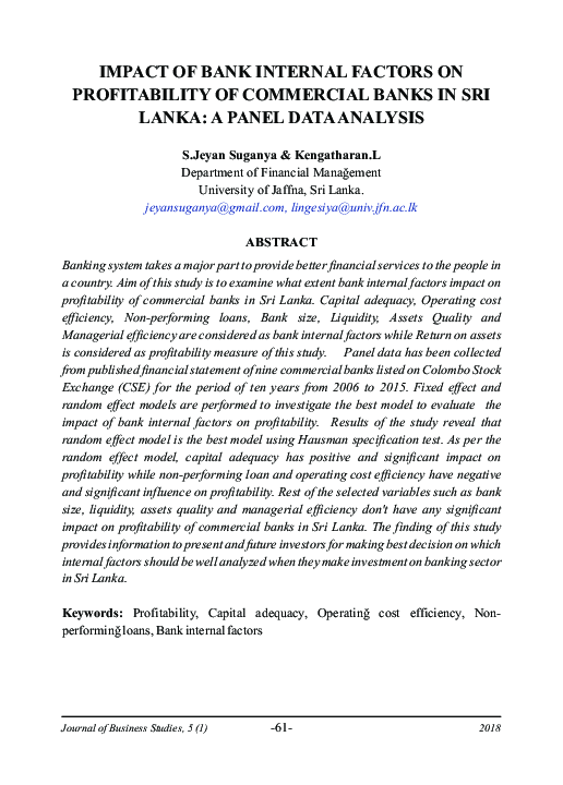 (PDF) Impact of bank internal factors on profitability of commercial ...