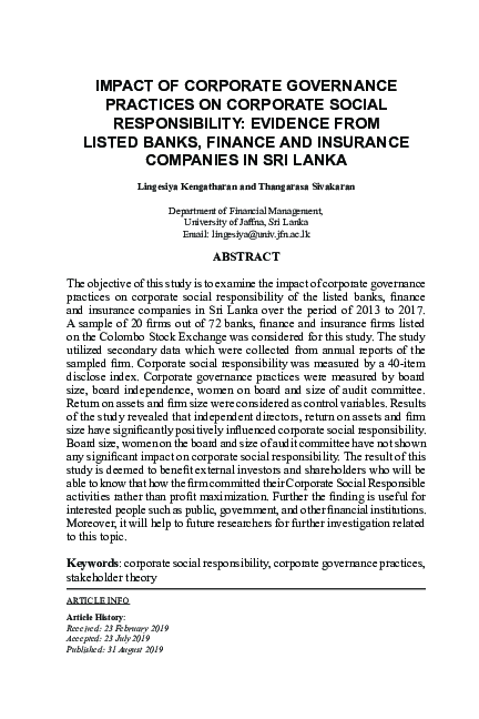 (PDF) Impact of Corporate Governance Practices on Corporate Social Responsibility: Evidence from ...