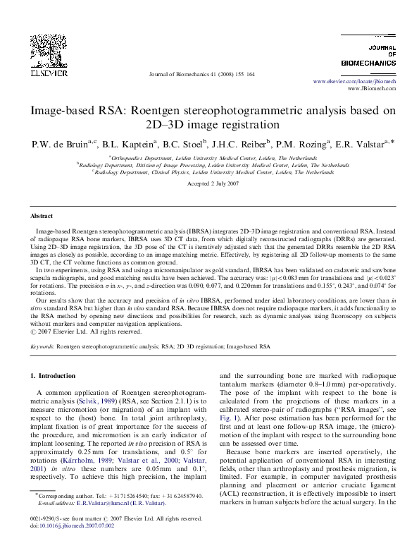 (PDF) Image-based RSA: Roentgen stereophotogrammetric analysis based on 2D–3D image registration ...