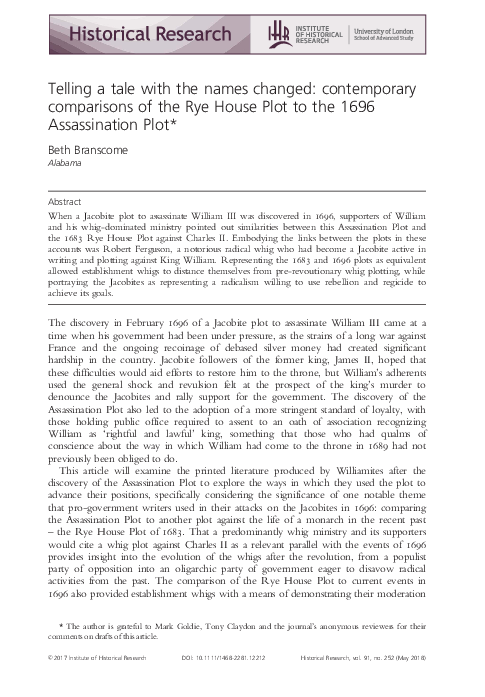 (PDF) Telling a tale with the names changed: contemporary comparisons of the Rye House Plot to ...