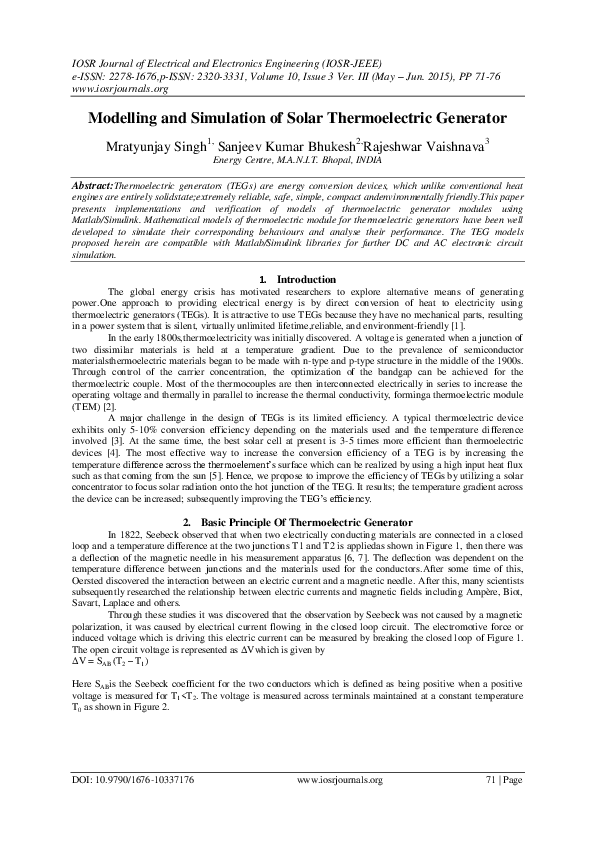 Pdf Modelling And Simulation Of Solar Thermoelectric Generator