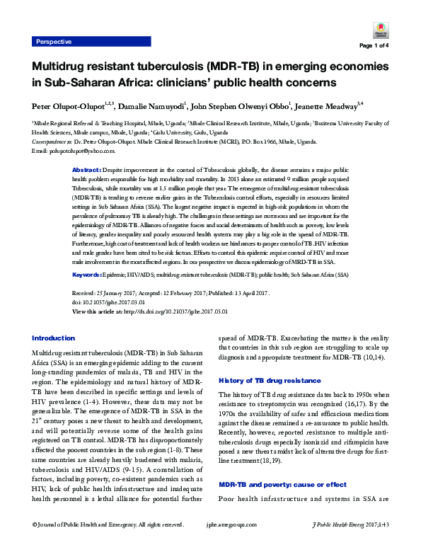 (PDF) Multidrug resistant tuberculosis (MDR-TB) in emerging economies in Sub-Saharan Africa ...