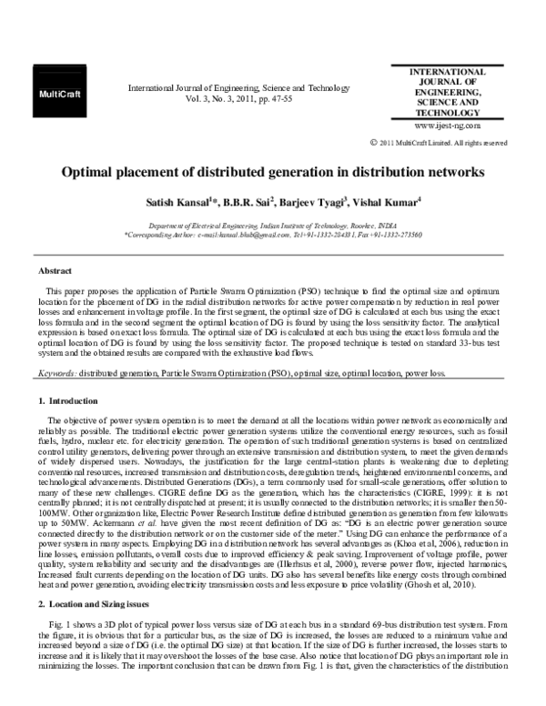 Pdf Optimal Placement Of Distributed Generation In Distribution Networks Harish Avchat