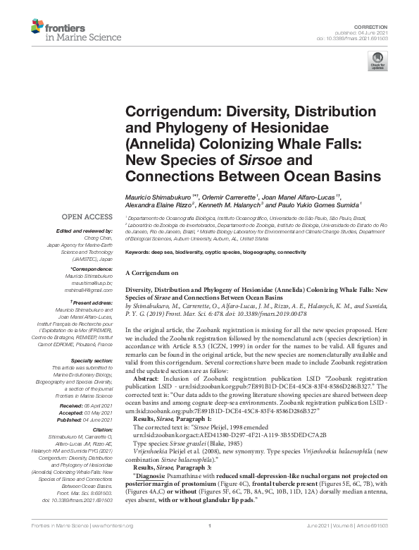 (PDF) Corrigendum: Diversity, Distribution and Phylogeny of Hesionidae ...