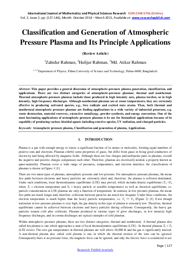 (PDF) Classification and Generation of Atmospheric Pressure Plasma and ...