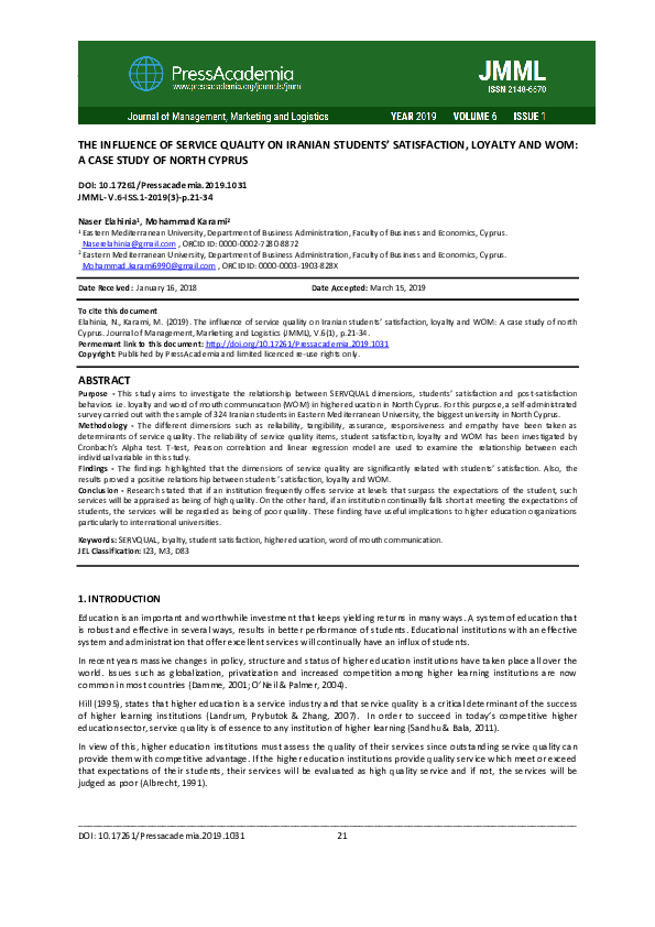 (PDF) The influence of service quality on Iranian students satisfaction, loyalty and WOM: A case ...