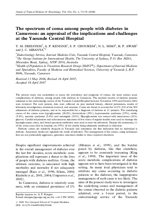 (PDF) The spectrum of coma among people with diabetes in Cameroon: an ...