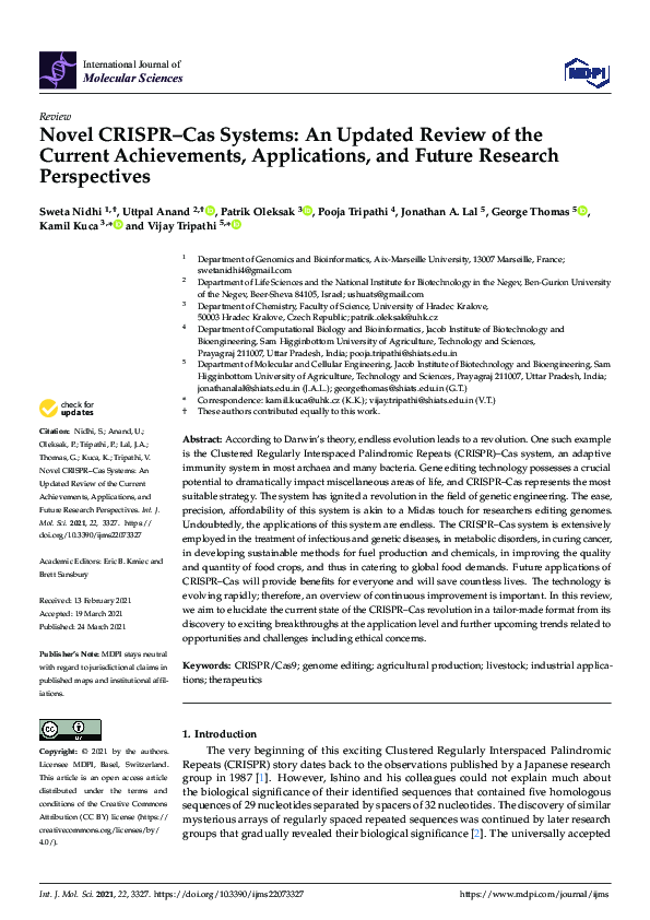 (PDF) Novel CRISPR–Cas Systems: An Updated Review of the Current Achievements, Applications, and ...