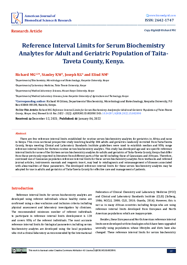 (PDF) Reference Interval Limits for Serum Biochemistry Analytes for ...