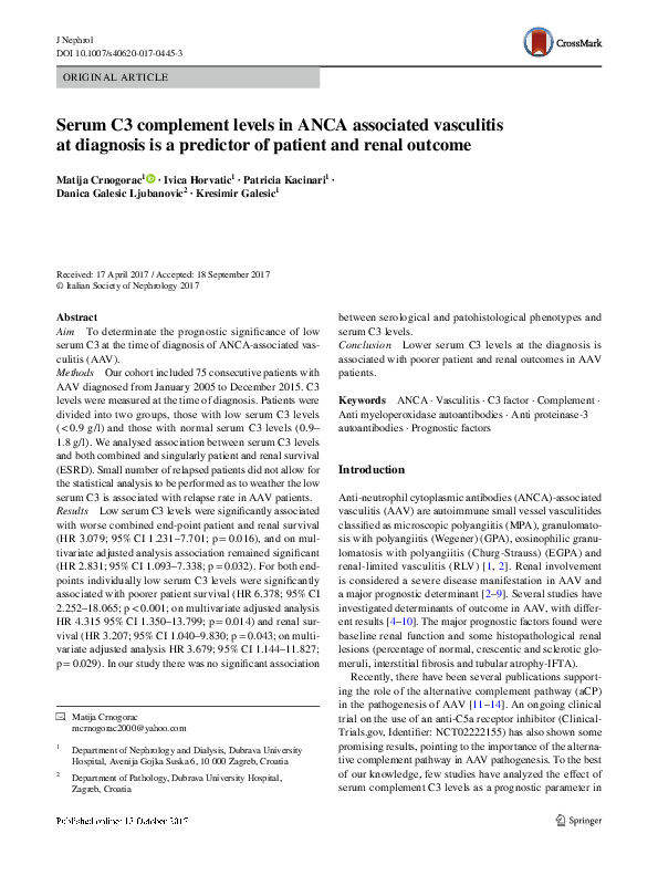 (PDF) Serum C3 complement levels in ANCA associated vasculitis at ...
