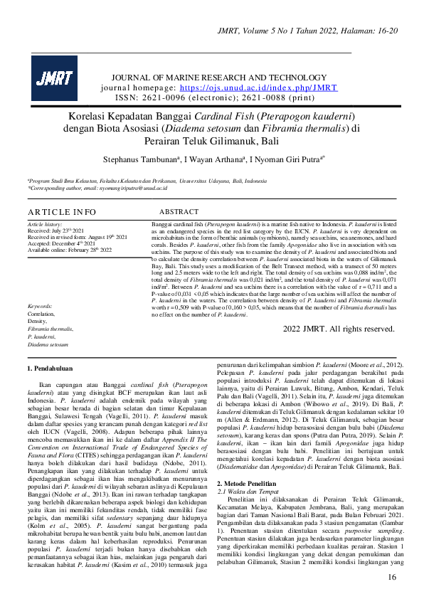 (PDF) Korelasi Kepadatan Banggai Cardinal Fish (Pterapogon kauderni ...