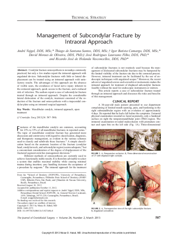 (PDF) Management of Subcondylar Fracture by Intraoral Approach