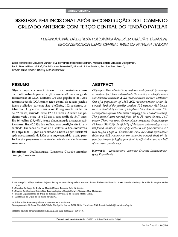 (PDF) Disestesia peri-incisional após reconstrução do ligamento cruzado ...