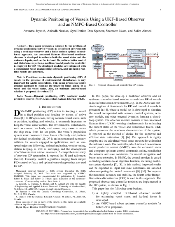 (PDF) Dynamic Positioning of Vessels Using a UKF-Based Observer and an NMPC-Based Controller