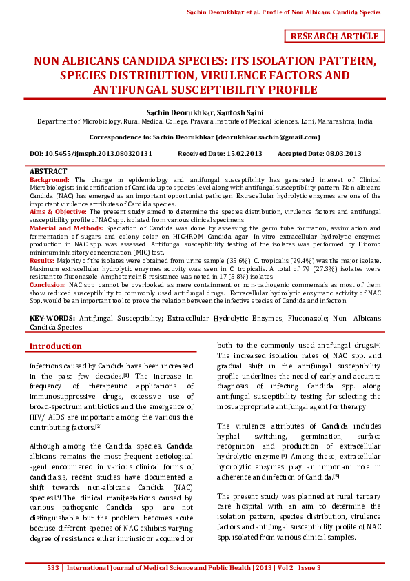 (PDF) Non albicans Candida species: its isolation pattern, species ...