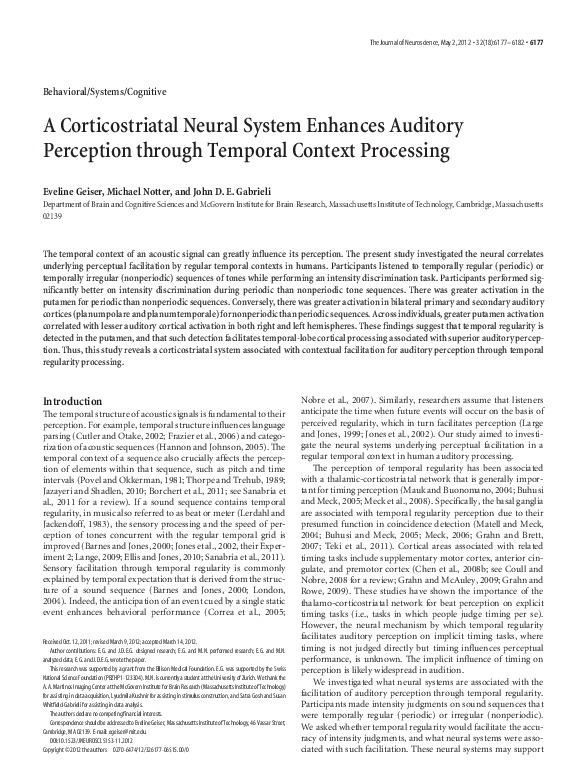 (PDF) A Corticostriatal Neural System Enhances Auditory Perception through Temporal Context ...