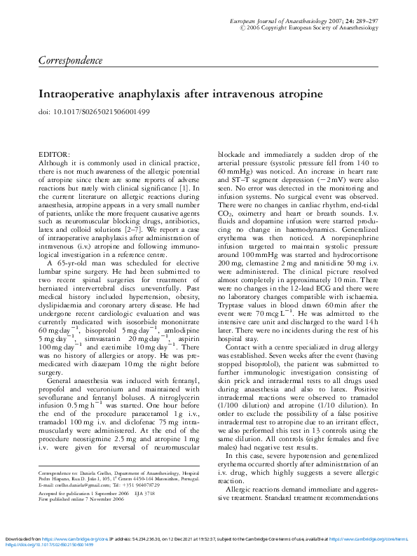 (PDF) Intraoperative anaphylaxis after intravenous atropine