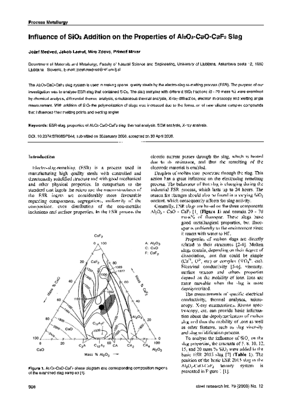 (PDF) Influence of SiO2 Addition on the Properties of Al2 O3 -CaO-CaF2 Slag