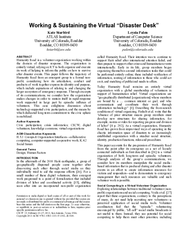 (PDF) Working and sustaining the virtual "Disaster Desk