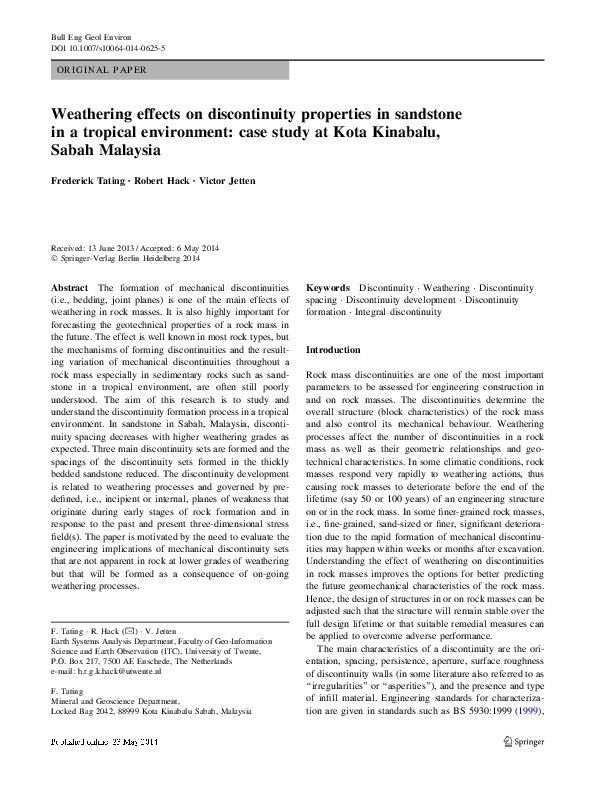 (PDF) Weathering effects on discontinuity properties in sandstone in a ...