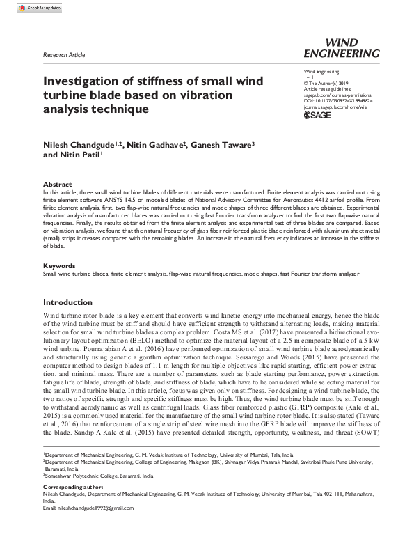 Pdf Investigation Of Stiffness Of Small Wind Turbine Blade Based On Vibration Analysis Technique