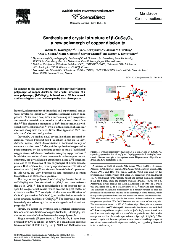 (PDF) Synthesis and crystal structure of β-CuSe2O5, a new polymorph of ...