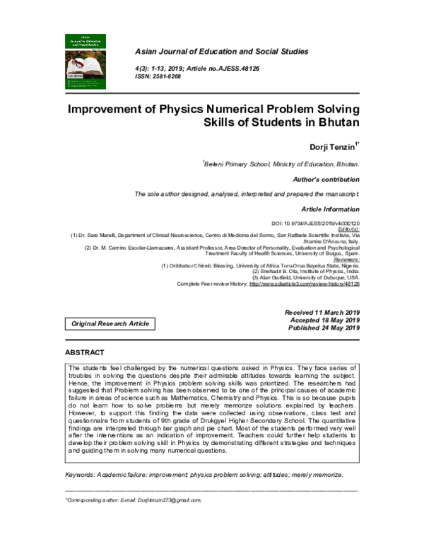 (PDF) Improvement of Physics Numerical Problem Solving Skills of ...