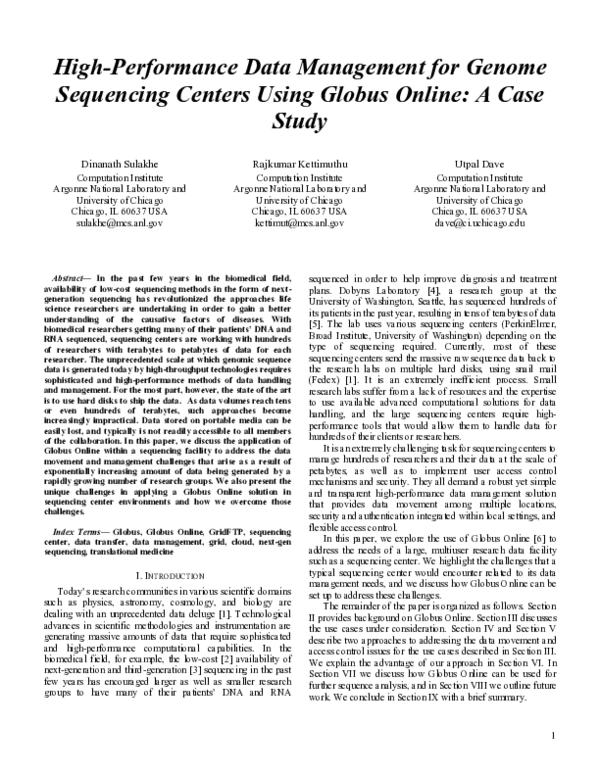 (PDF) High-performance data management for genome sequencing centers using Globus Online: A case ...