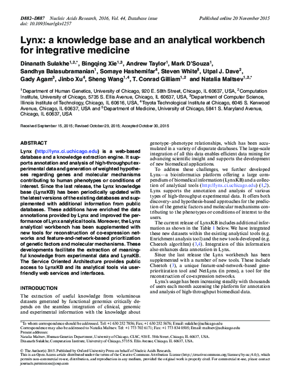 (PDF) Lynx: a knowledge base and an analytical workbench for integrative medicine