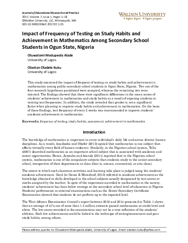 (PDF) Impact of Frequency of Testing on Study Habit and Achievement in ...