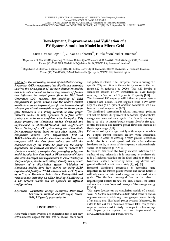 (PDF) Development , Improvements and Validation of a PV System Simulation Model in a Micro-Grid