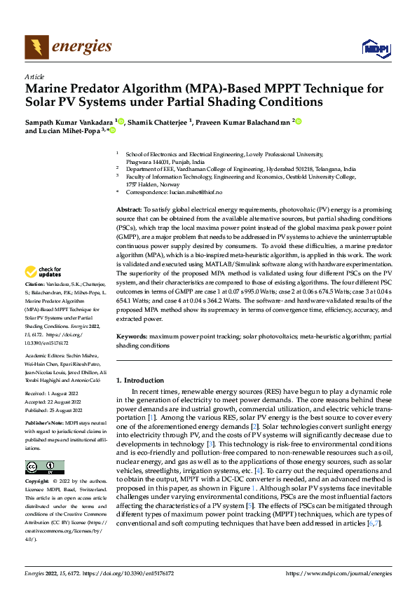 (PDF) Marine Predator Algorithm (MPA)-Based MPPT Technique for Solar PV ...